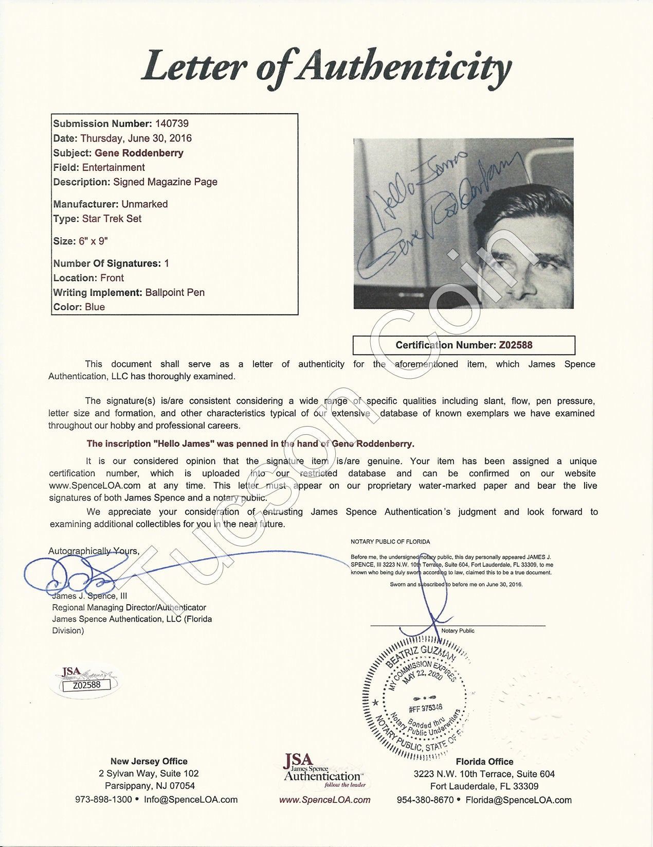 Gene Roddenberry Signed Magazine Page