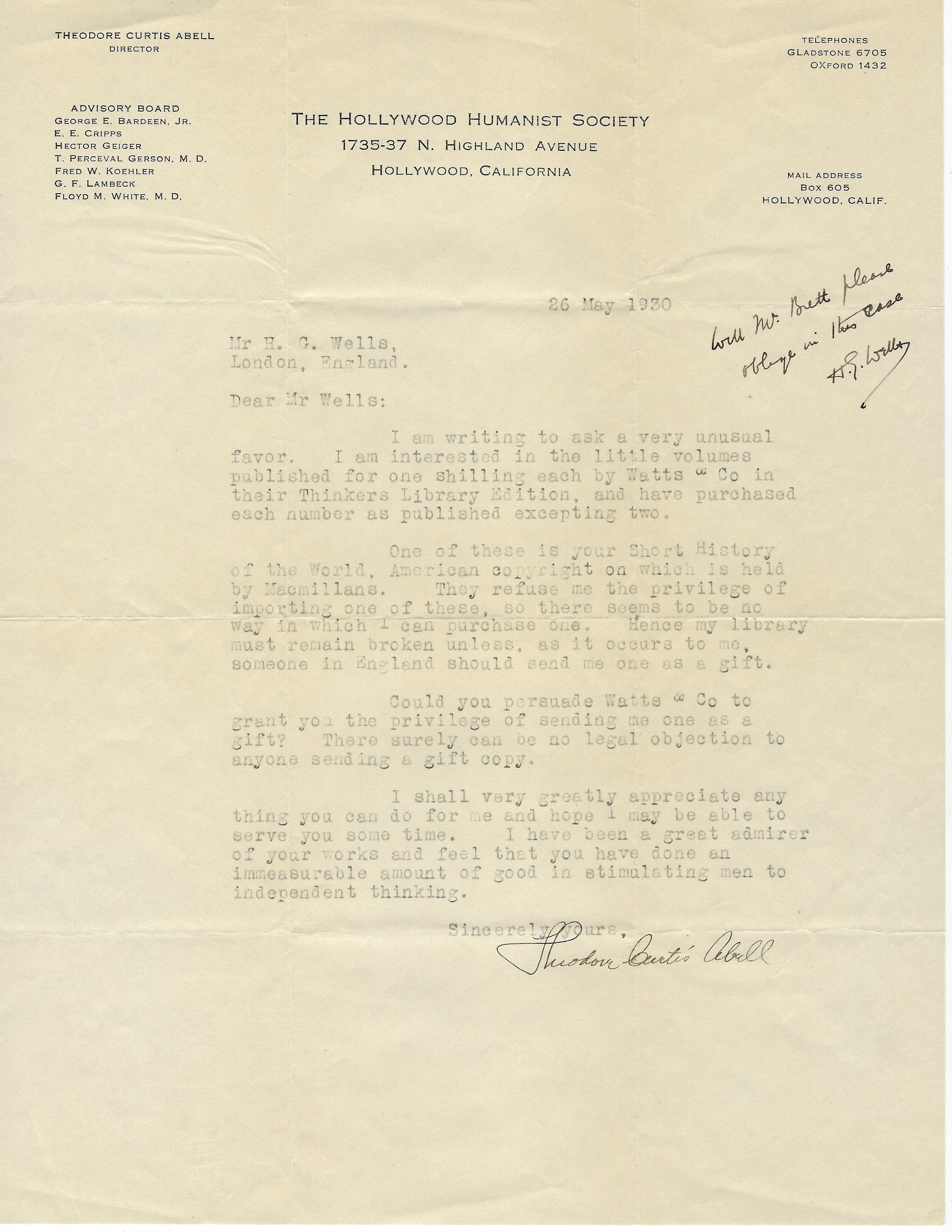 H.G. Wells Signed Typed Letter